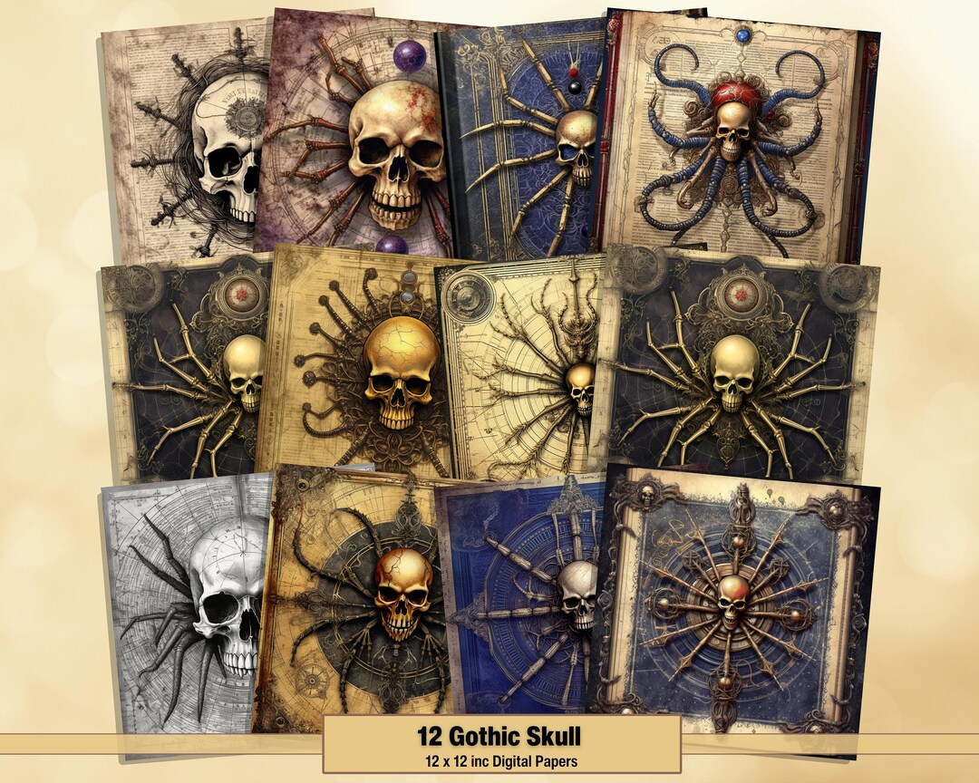 Printable Gothic Skull Digital Papers, Dark Grimoire Pages, Background ...