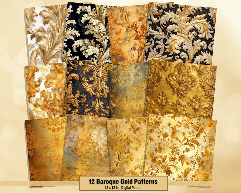 Printable Baroque Patterns Digital Papers, Gold Shabby Pages, Rococo ...