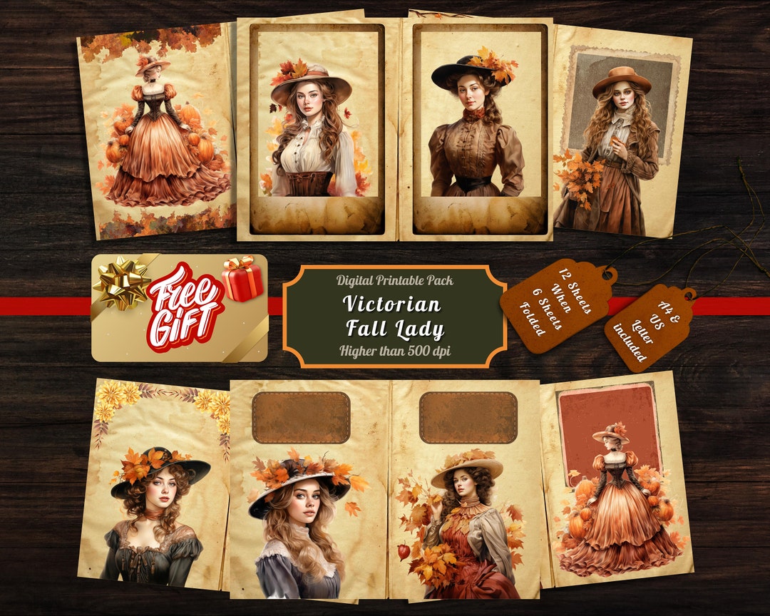 Printable Victorian Fall Lady Digital Papers, Retro Ephemera, Vintage ...