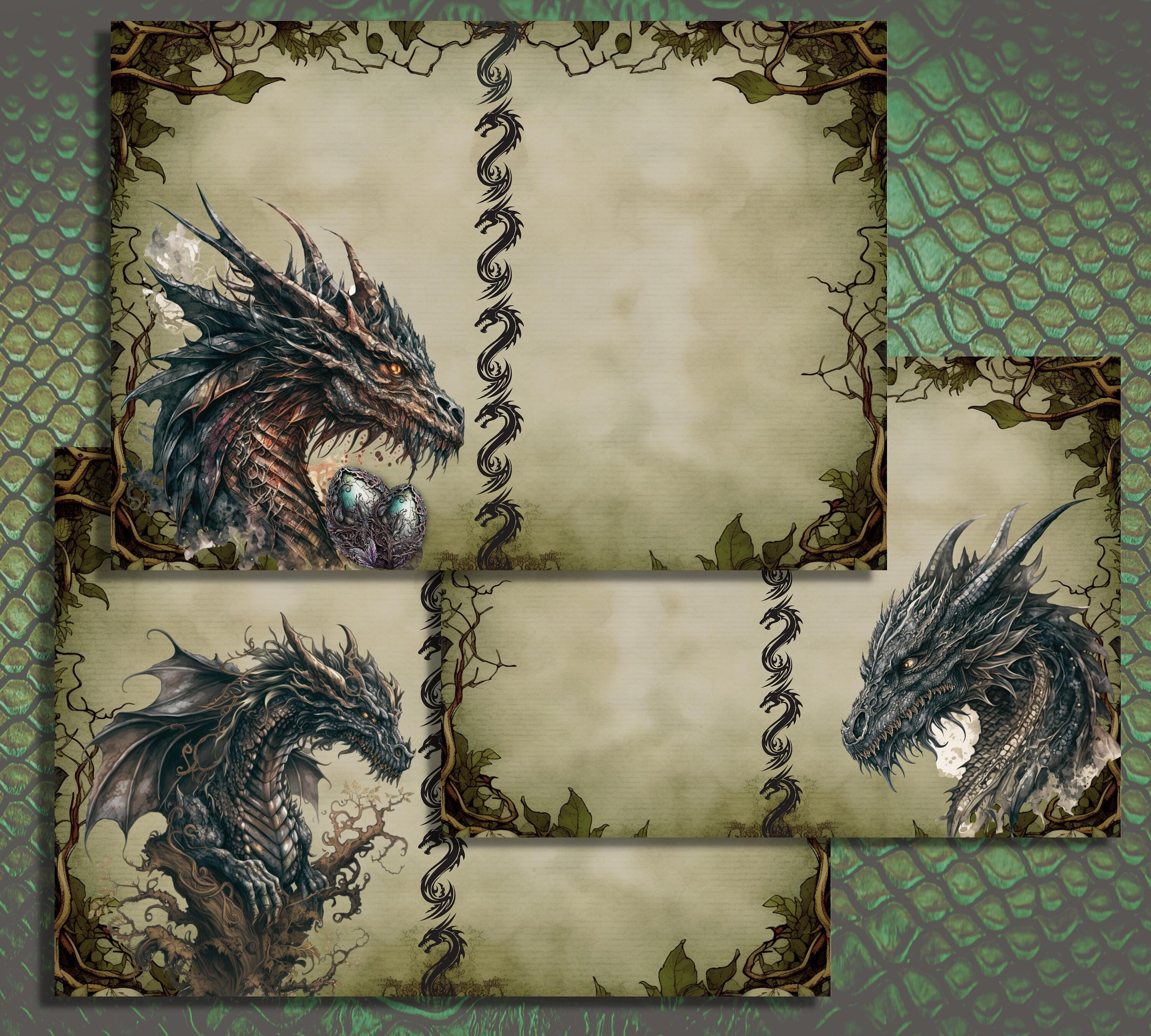 Printable Gothic Dragons Digital Paper, Medieval Ephemera, Grimoire ...