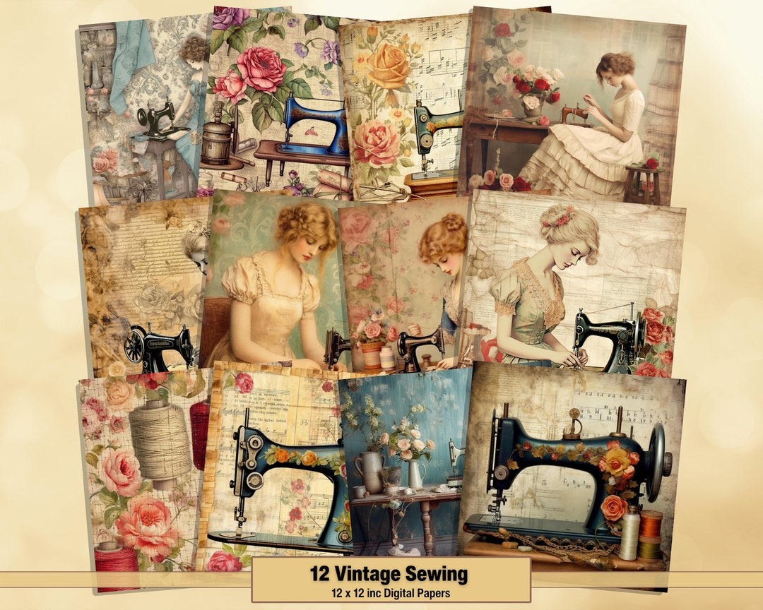 Printable Vintage Sewing Digital Papers, Sewing Machine Pages, Shabby ...