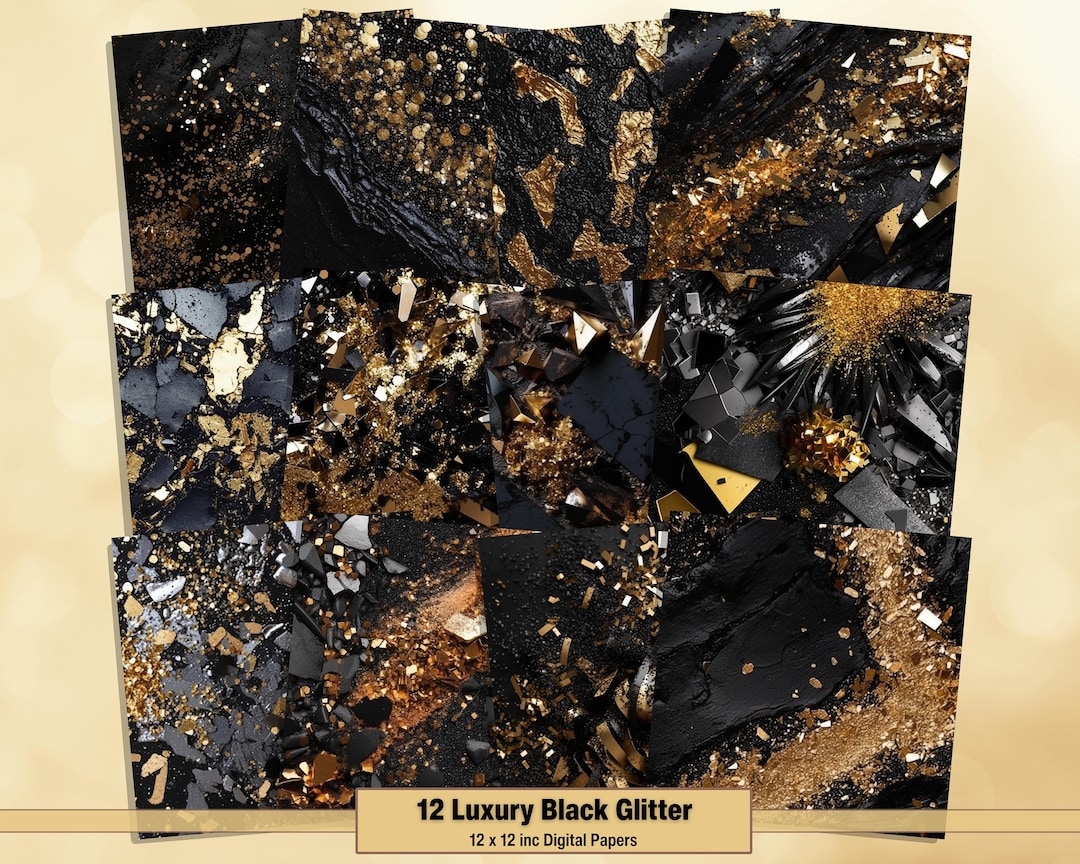 Printable Black Glitter Digital Papers, Black & Gold Sequin Pages ...