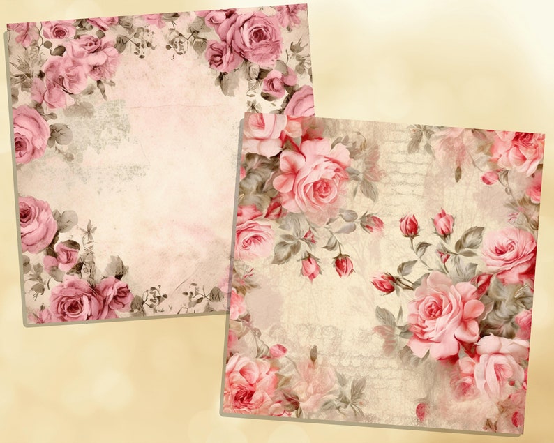 Printable Pink Roses Digital Paper, Shabby Chic Pages, Vintage ...