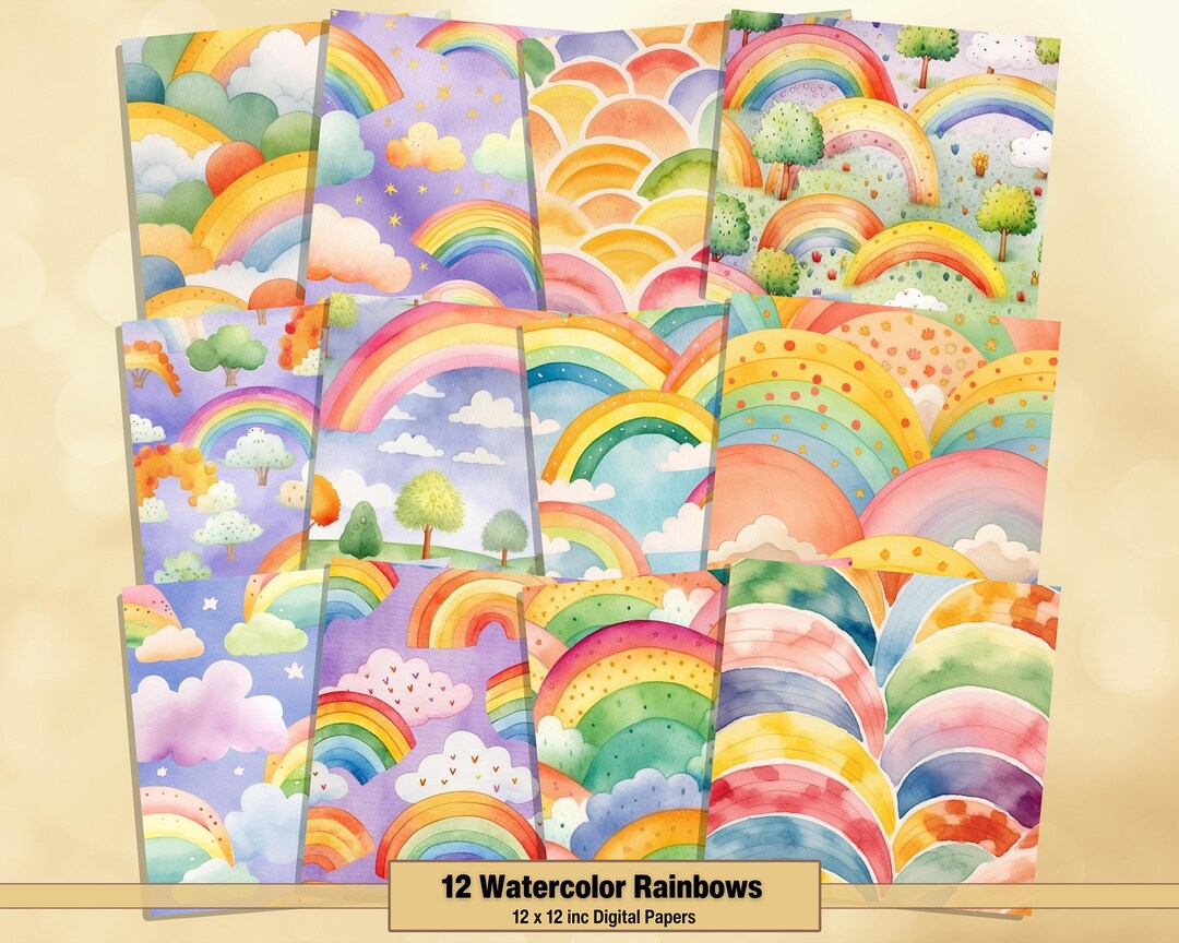 Printable Watercolor Rainbows Digital Papers, Rainbow Patterns Pages ...
