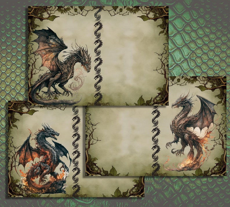 Printable Gothic Dragons Digital Paper, Medieval Ephemera, Grimoire ...