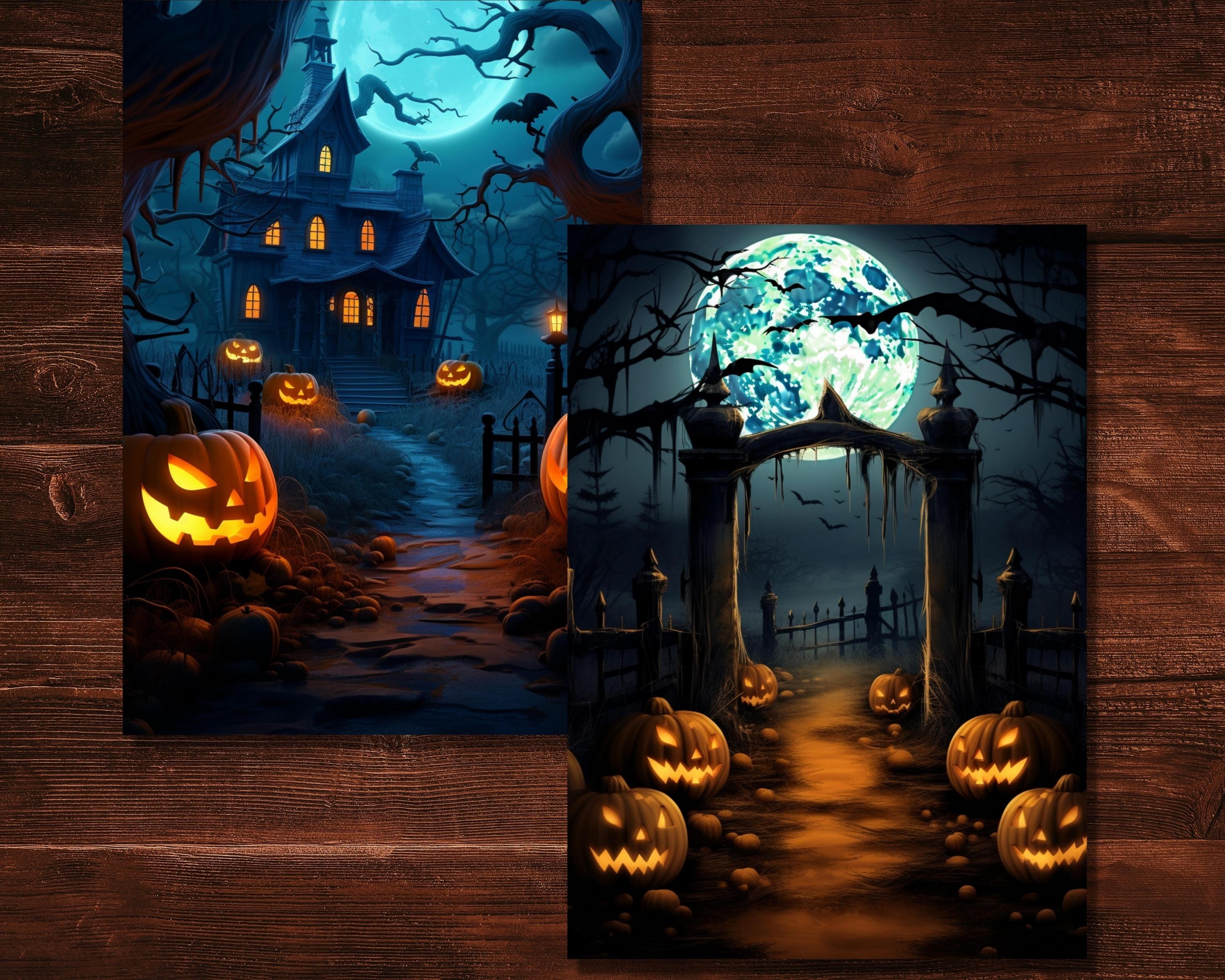 Printable Full Moon Halloween Digital Paper Halloween Pumpkin - Etsy