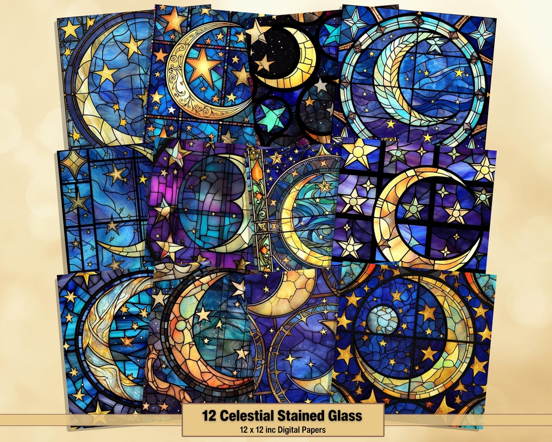 Printable Celestial Stained Glass Digital Papers, Moon & Stars Pages ...