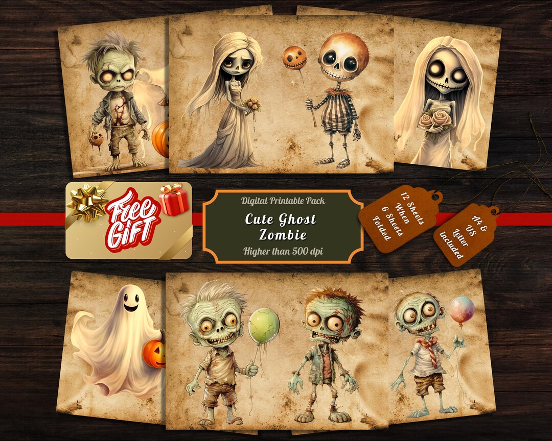 Printable Cute Ghost Zombie Digital Papers, Cute Halloween Ephemera ...