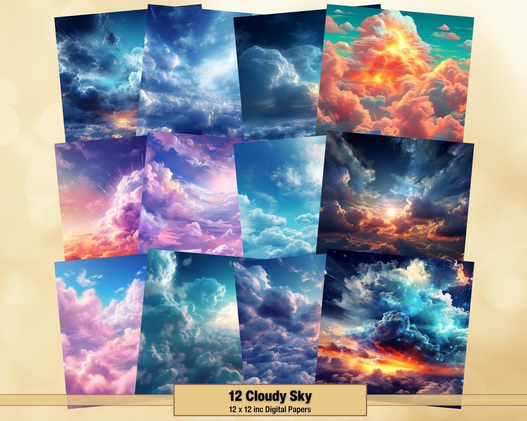 Printable Fantasy Clouds Digital Papers, Cloudy Sky Page, Background ...