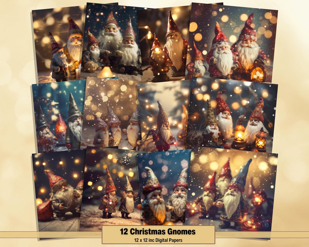 Printable Christmas Gnomes Digital Papers, Xmas Gnome Pages, Noel ...
