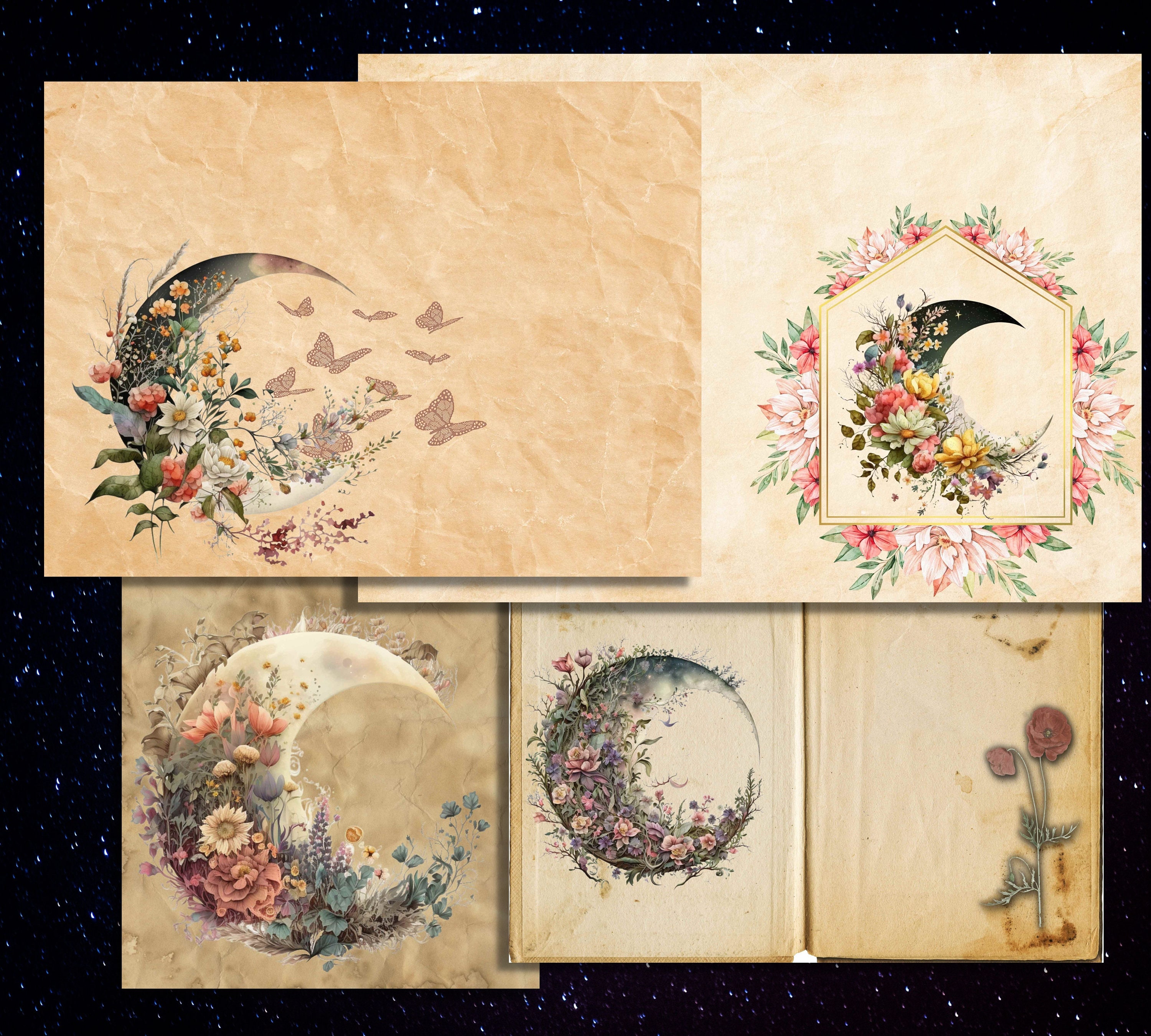 Printable Floral Moon Digital Paper Watercolor Lunar - Etsy