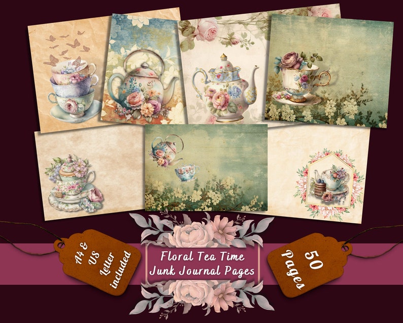 Printable Floral Tea Time Digital Papers Mega Bundle, Fussy Cuts Kit ...