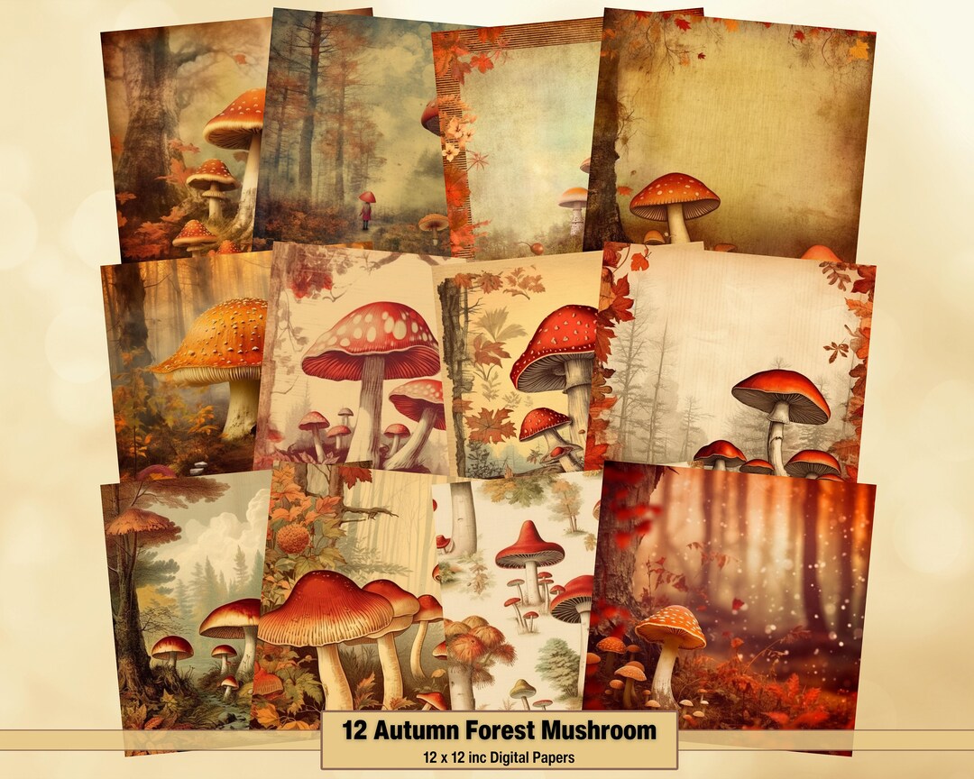 Printable Forest Mushroom Digital Papers, Fall Pages, Botanical Fungi ...