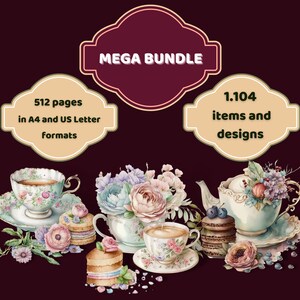Printable Floral Tea Time Digital Papers Mega Bundle, Fussy Cuts Kit ...