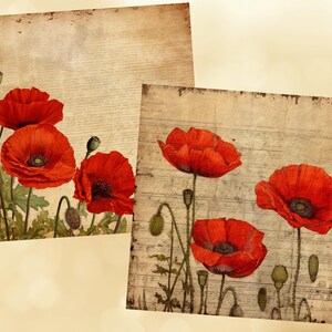 Printable Red Poppies Digital Paper, Red Poppy Pages, Vintage ...