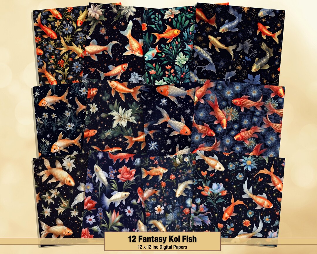 Printable Fantasy Koi Fish Digital Papers, Goldfish Patterns Pages ...