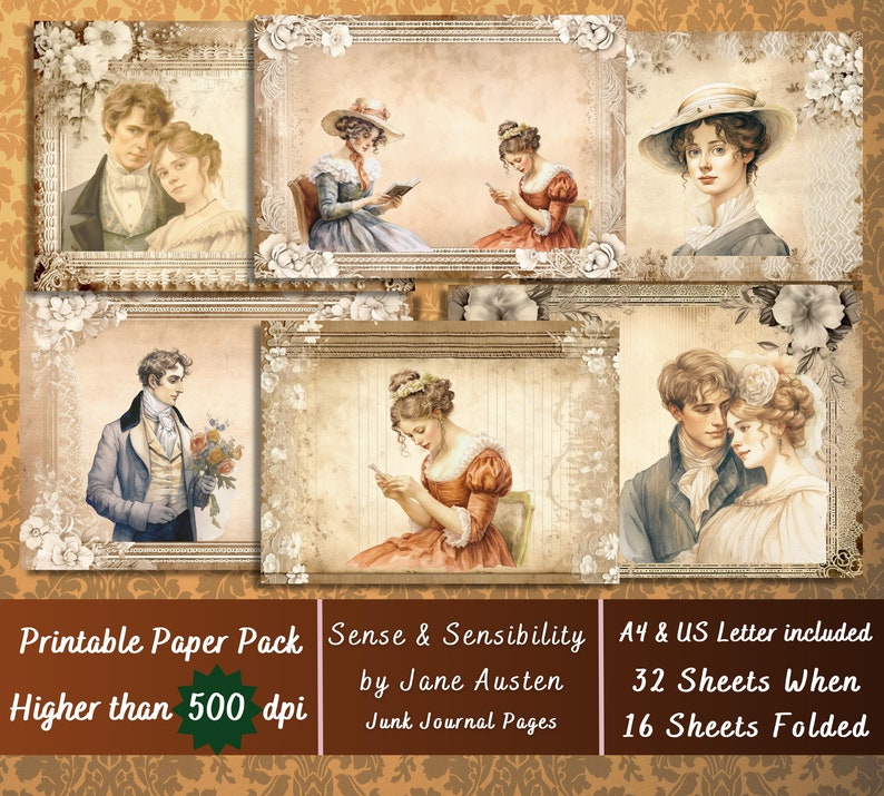 Printable Sense and Sensibility Digital Paper, Regency Ephemera, Jane ...