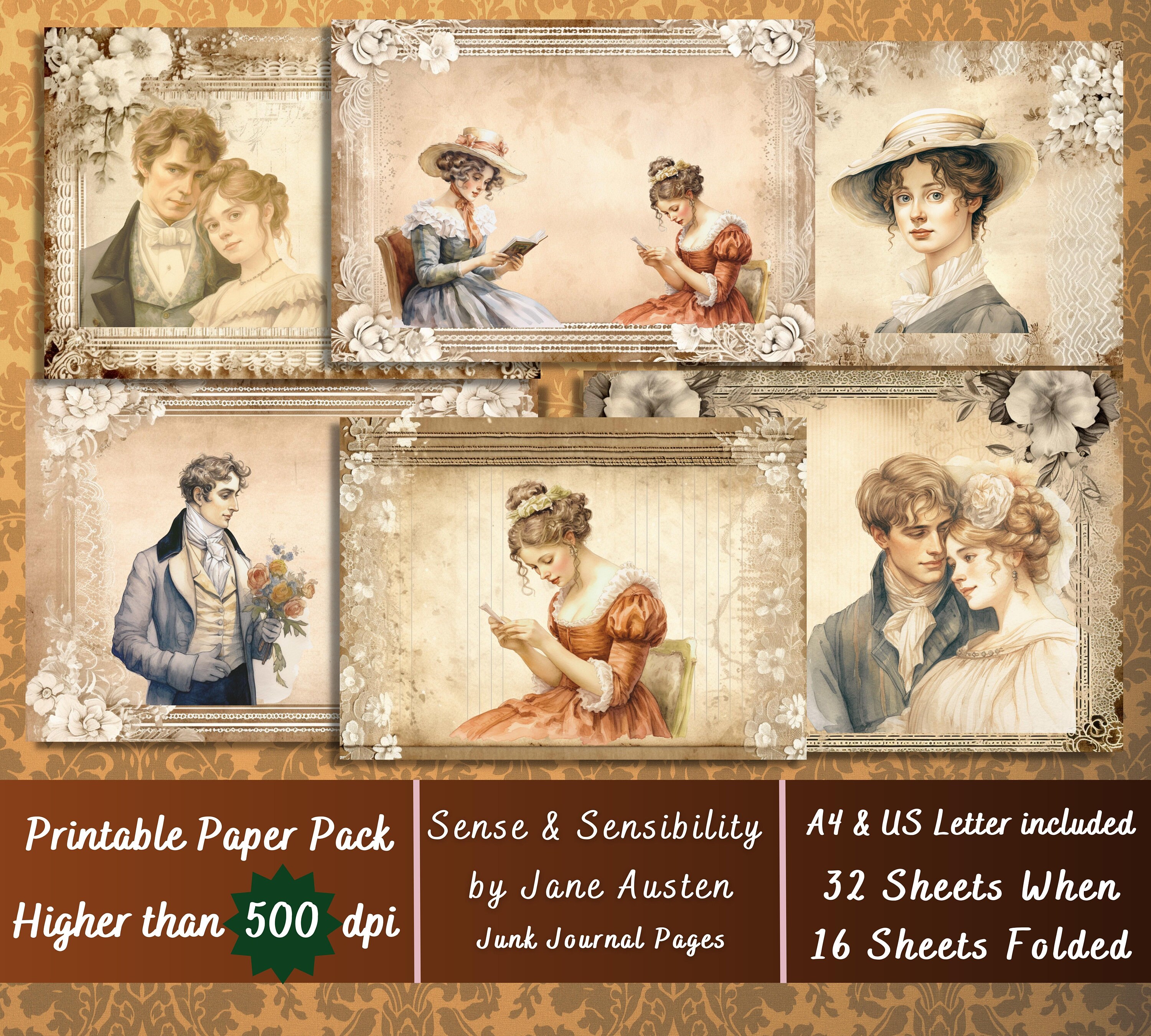 Printable Sense and Sensibility Digital Paper, Regency Ephemera, Jane ...