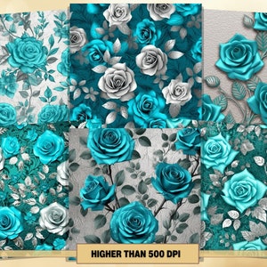 Printable Teal and Silver Floral Digital Papers, Turquoise Rose Page ...