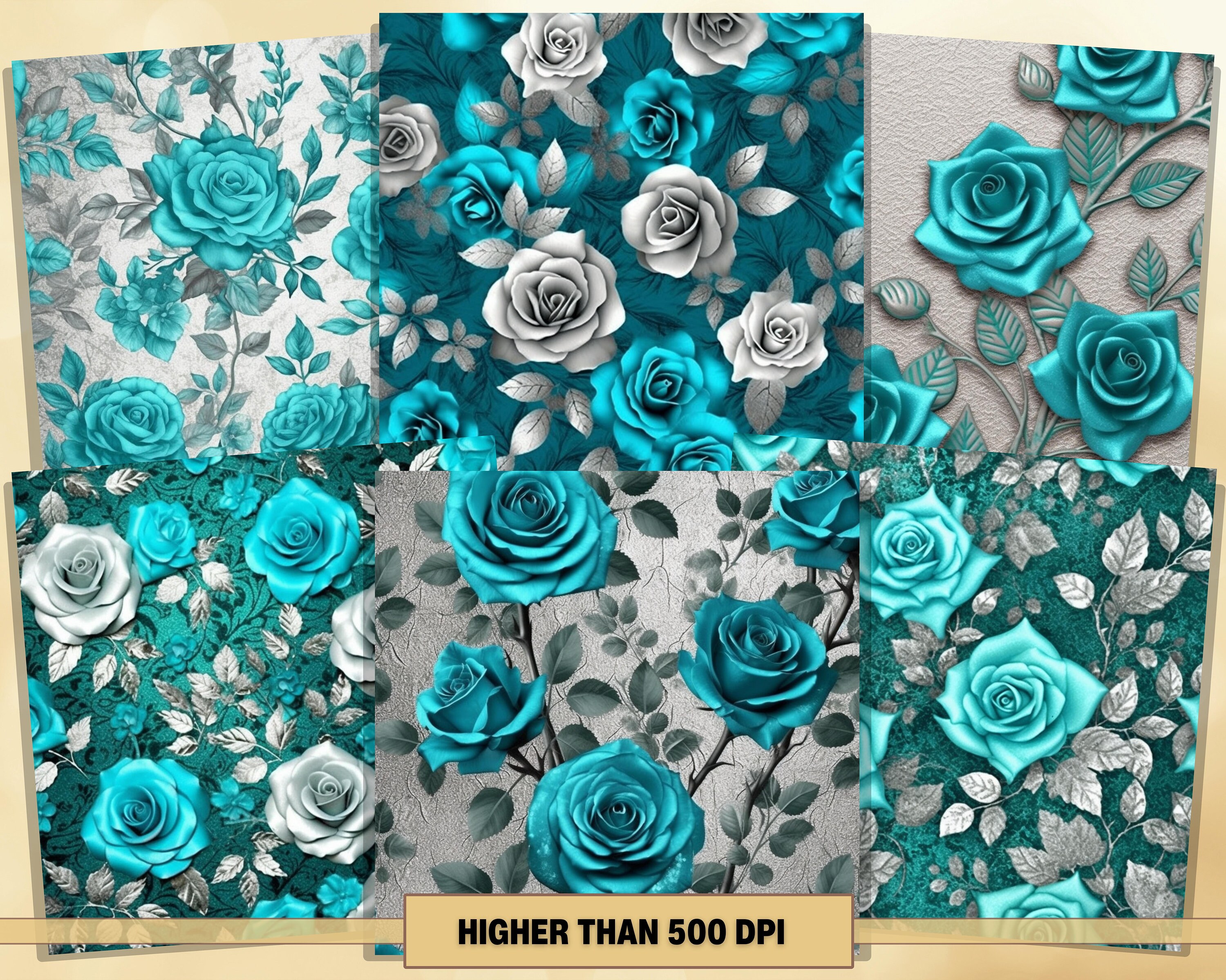 Printable Teal and Silver Floral Digital Papers, Turquoise Rose Page ...