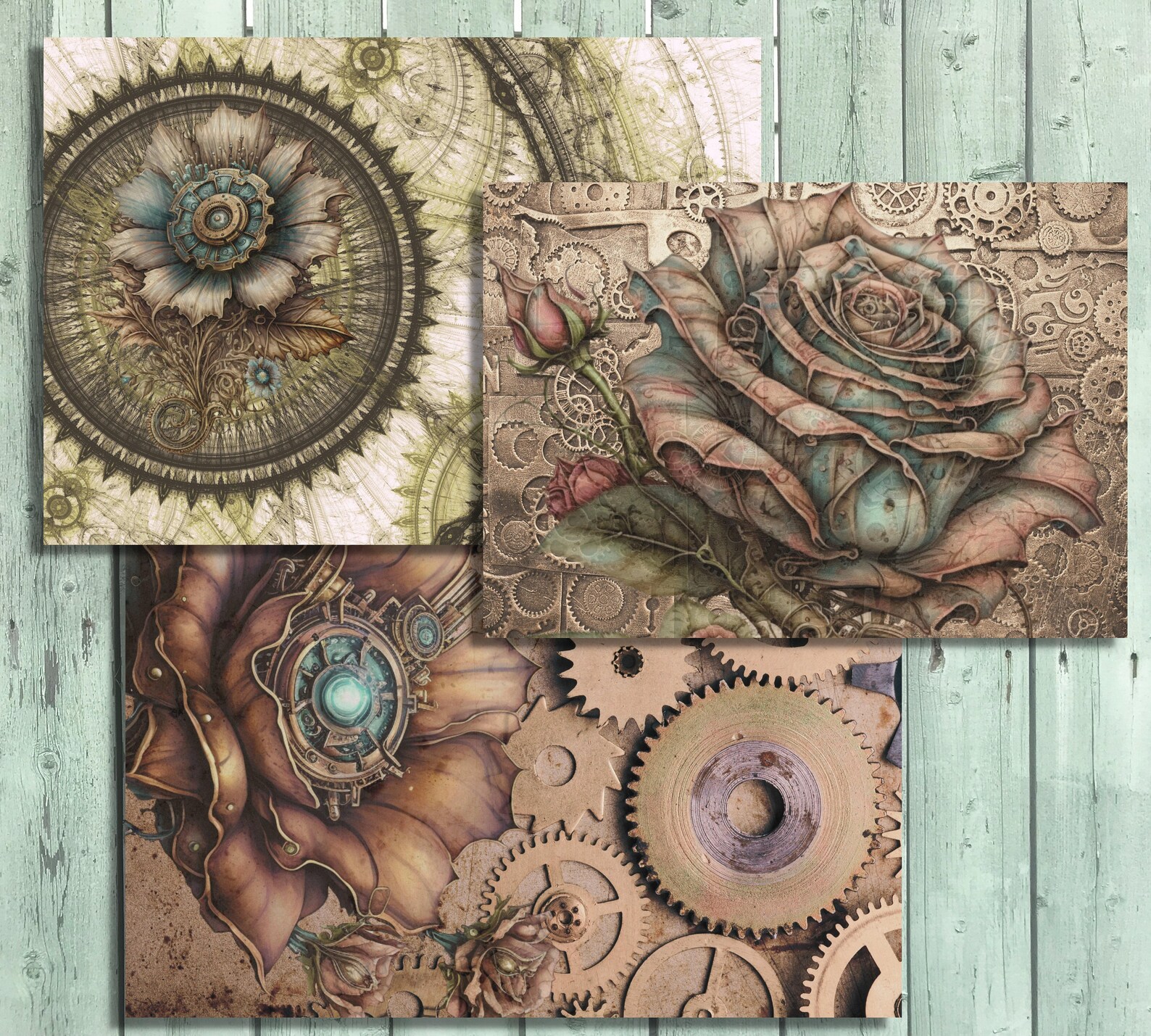 Printable Steampunk Flower Digital Paper, Floral Grunge Ephemera ...
