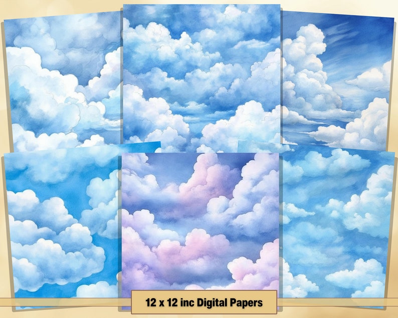Printable Watercolor Cloudy Skies Digital Papers, Abstract Pages ...