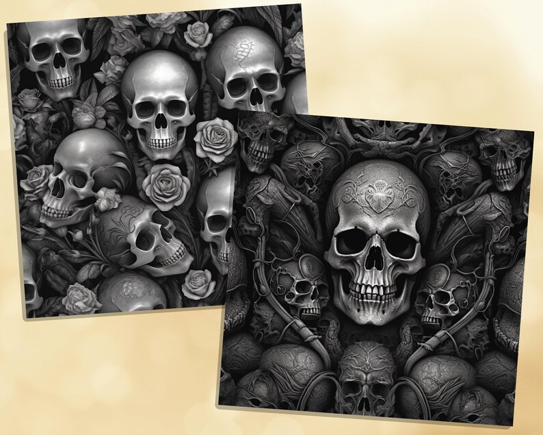 Printable Black & White Gothic Digital Papers, Skull Damask Pages ...