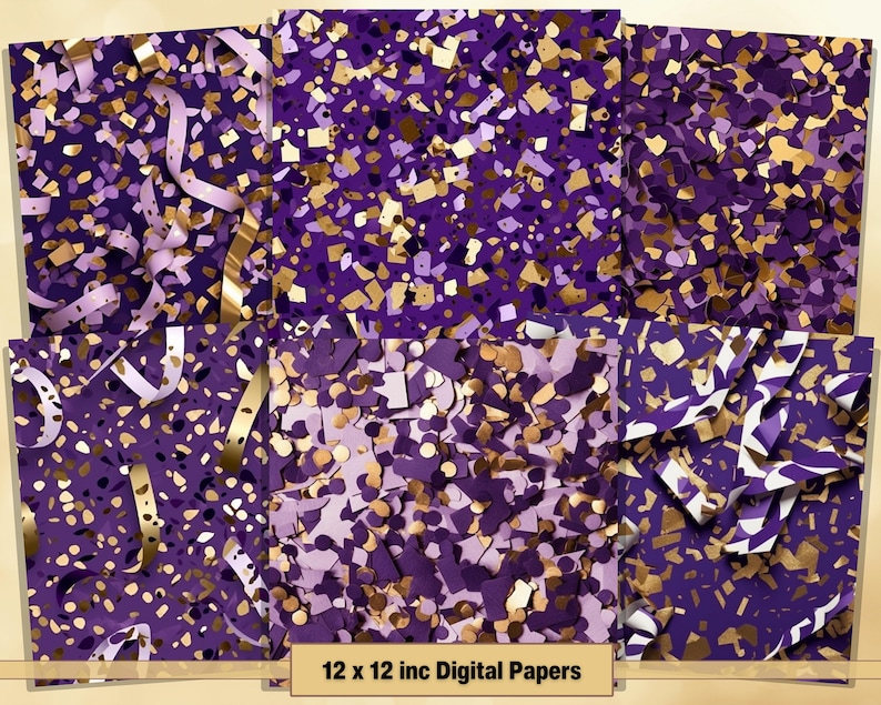 Printable Purple and Gold Confetti Digital Papers, Sequin Pages, Foil ...