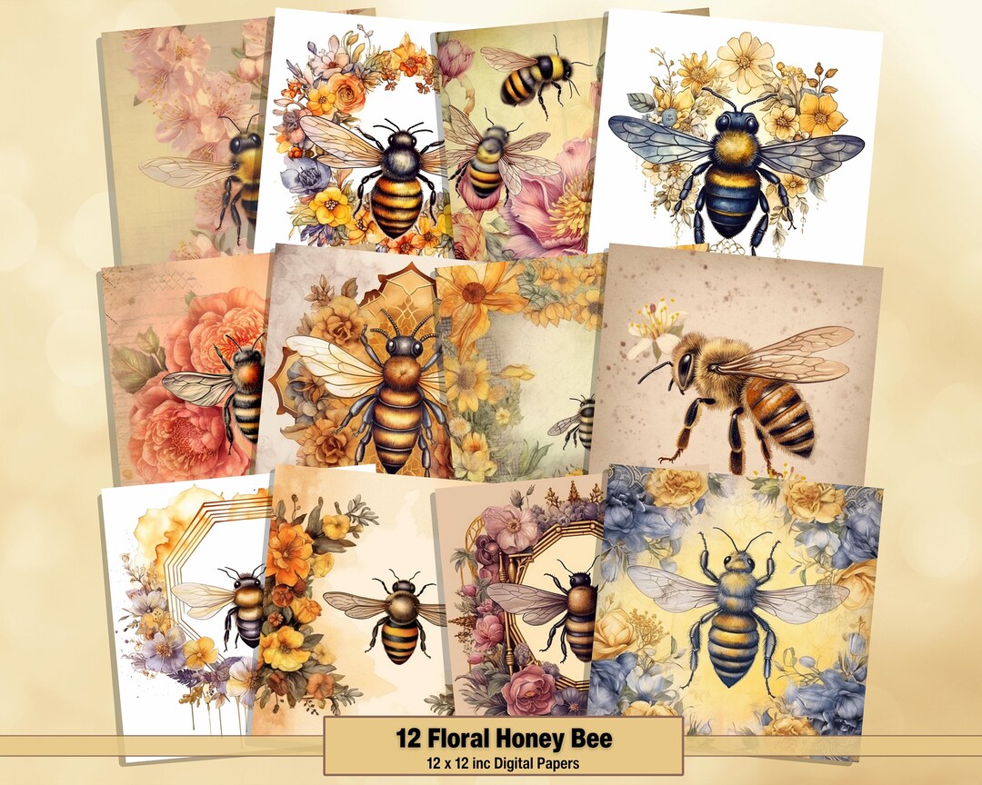 Printable Floral Honey Bee Digital Papers, Watercolour Pages ...