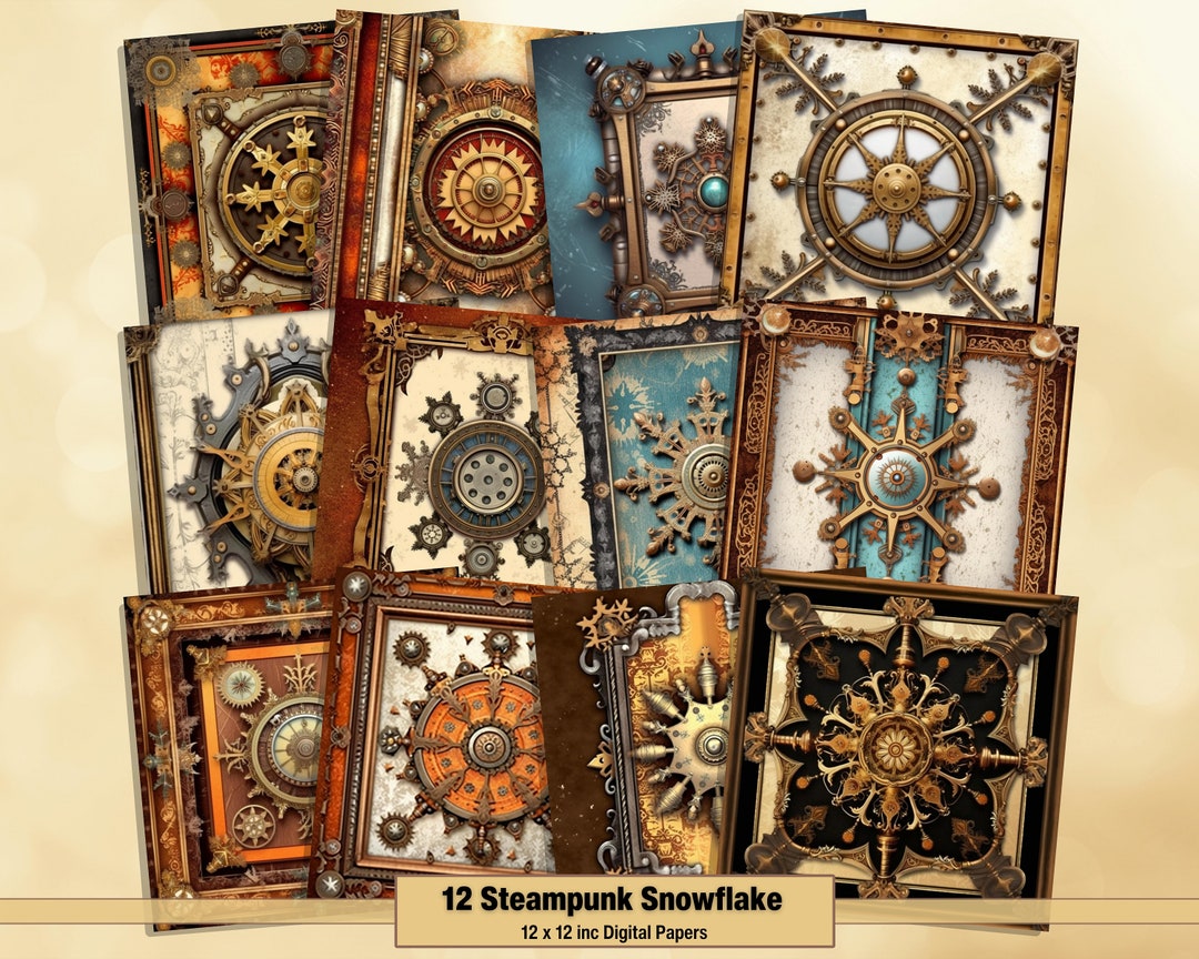 Printable Steampunk Snowflakes Digital Papers, Xmas Steampunk Pages ...