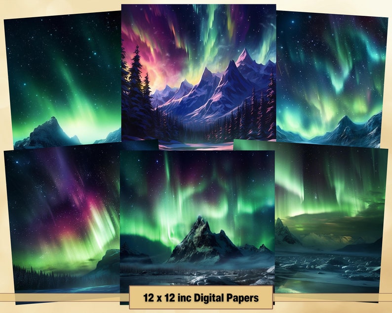 Printable Aurora Borealis Digital Paper, Northern Lights Pages, Sky ...