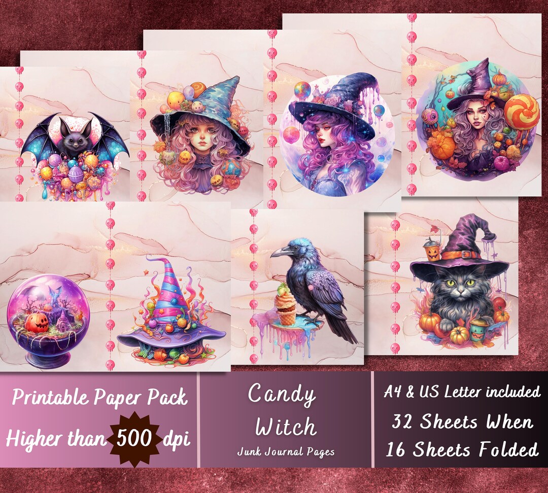 Printable Candy Witch Digital Paper, Watercolor Witches Ephemera ...