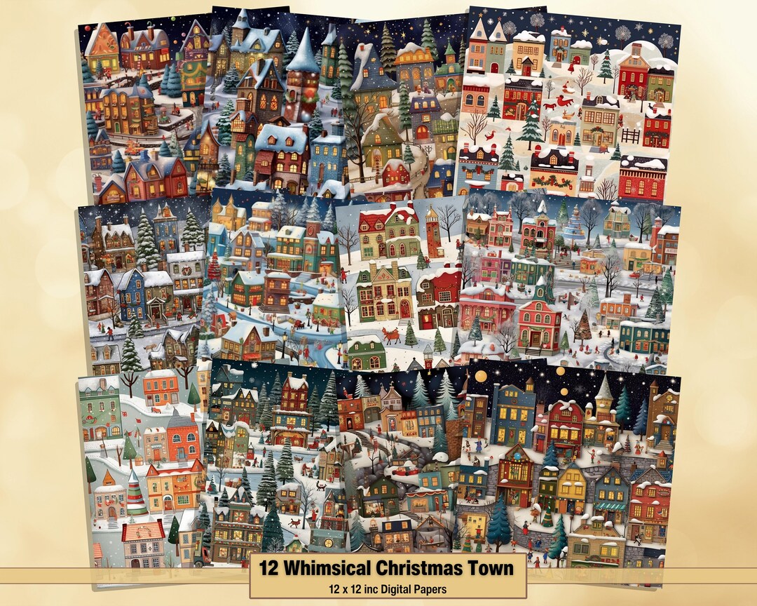 Printable Whimsical Christmas Town Digital Papers, Xmas Pages, Noel ...