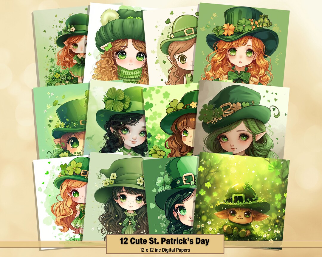 Cute St Patrick's Day Digital Papers, Printable Four Leaf Clover Page ...