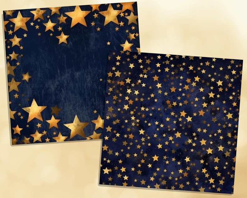 Printable Golden Starry Night Digital Papers, Stars Page, Blue Grunge ...