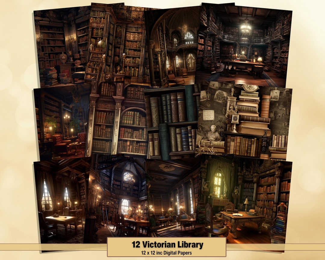 Printable Victorian Library Digital Papers, Vintage Books Pages, Dark ...