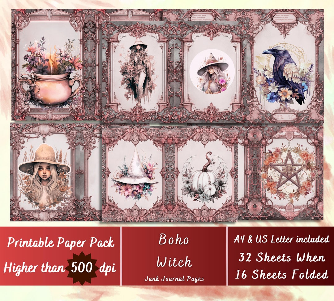 Printable Bohemian Witch Digital Paper, Vintage Witchy Ephemera, Boho ...