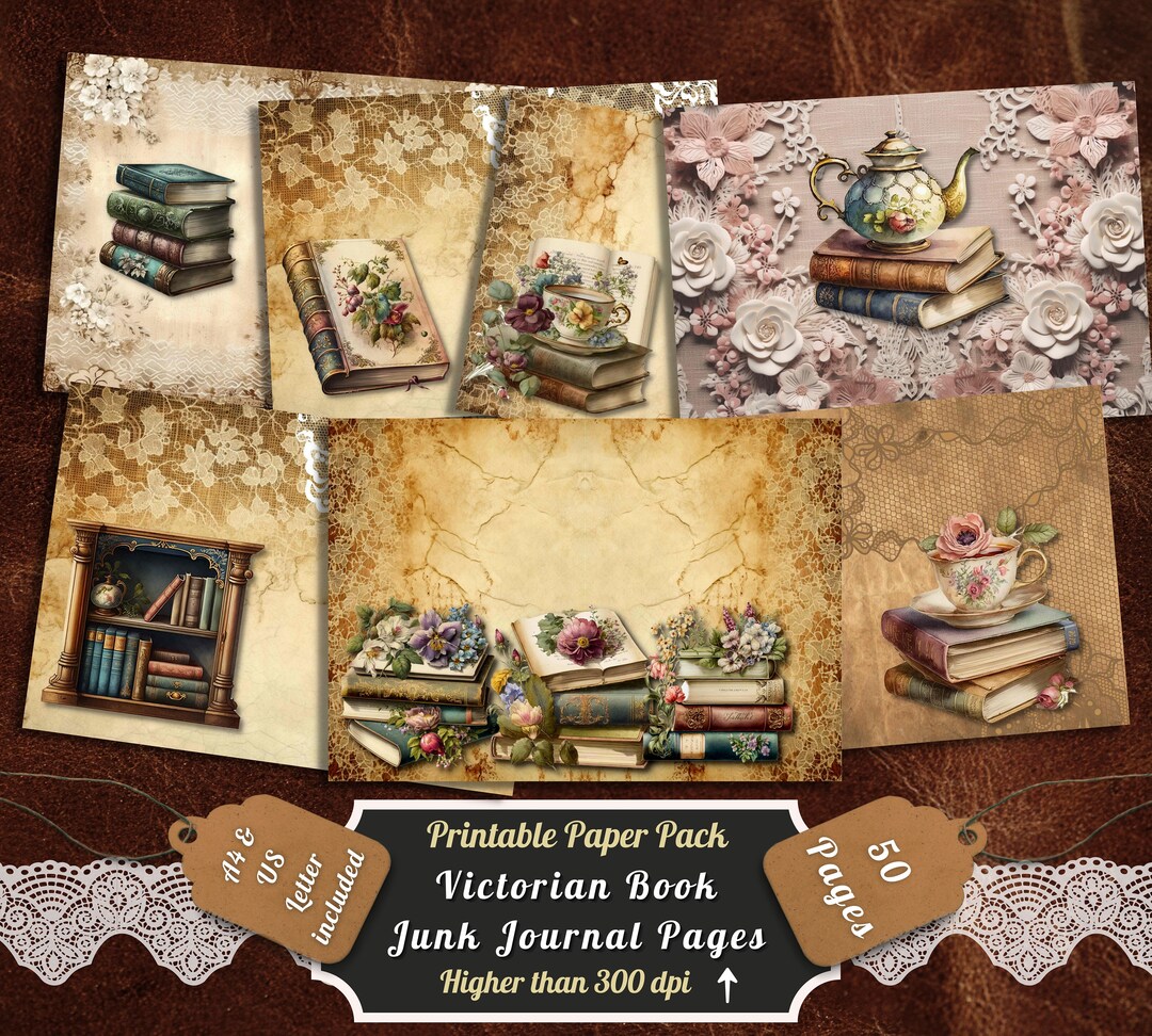 Printable Victorian Book Digital Paper, Victorian Bookcase Ephemera ...