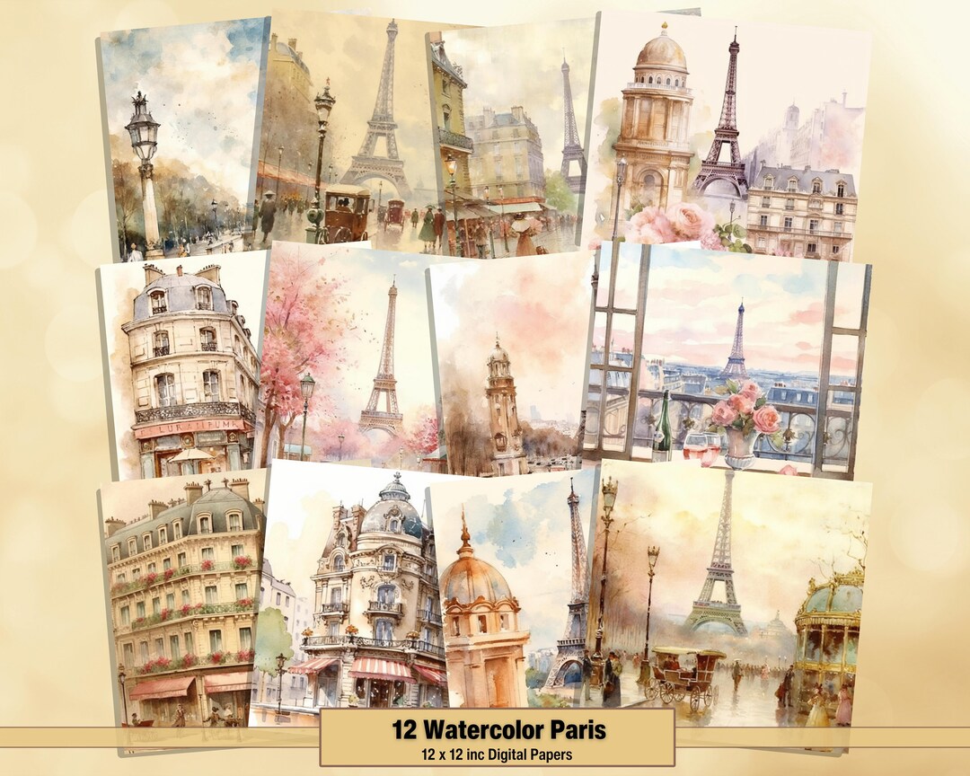 Printable Watercolor Paris Digital Papers, Vintage Pages, Background ...
