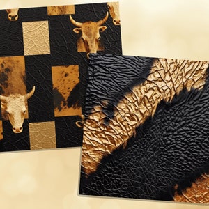 Printable Black & Gold Cowhide Digital Papers, Leather Texture Pages ...