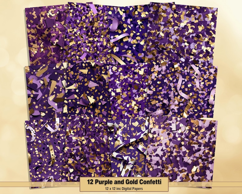 Printable Purple and Gold Confetti Digital Papers, Sequin Pages, Foil ...