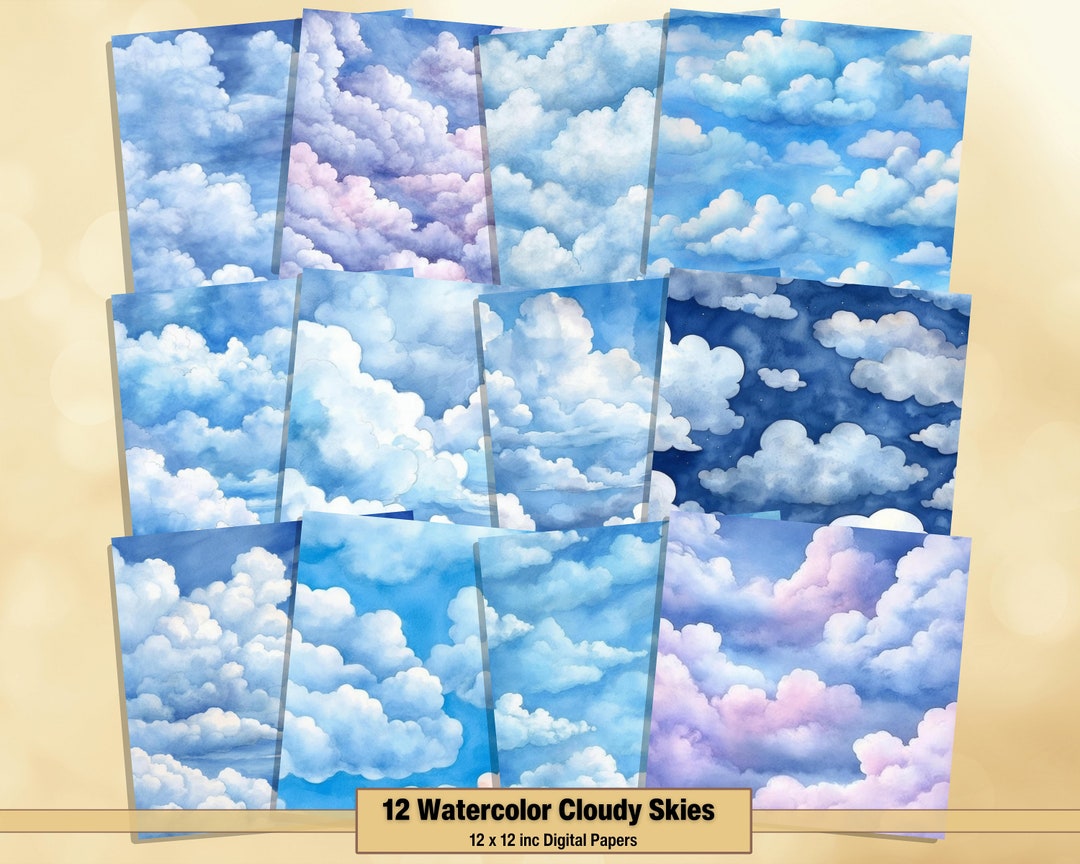 Printable Watercolor Cloudy Skies Digital Papers, Abstract Pages ...