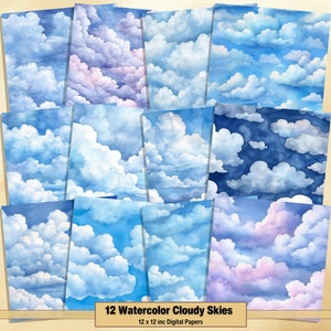 Printable Watercolor Cloudy Skies Digital Papers, Abstract Pages ...