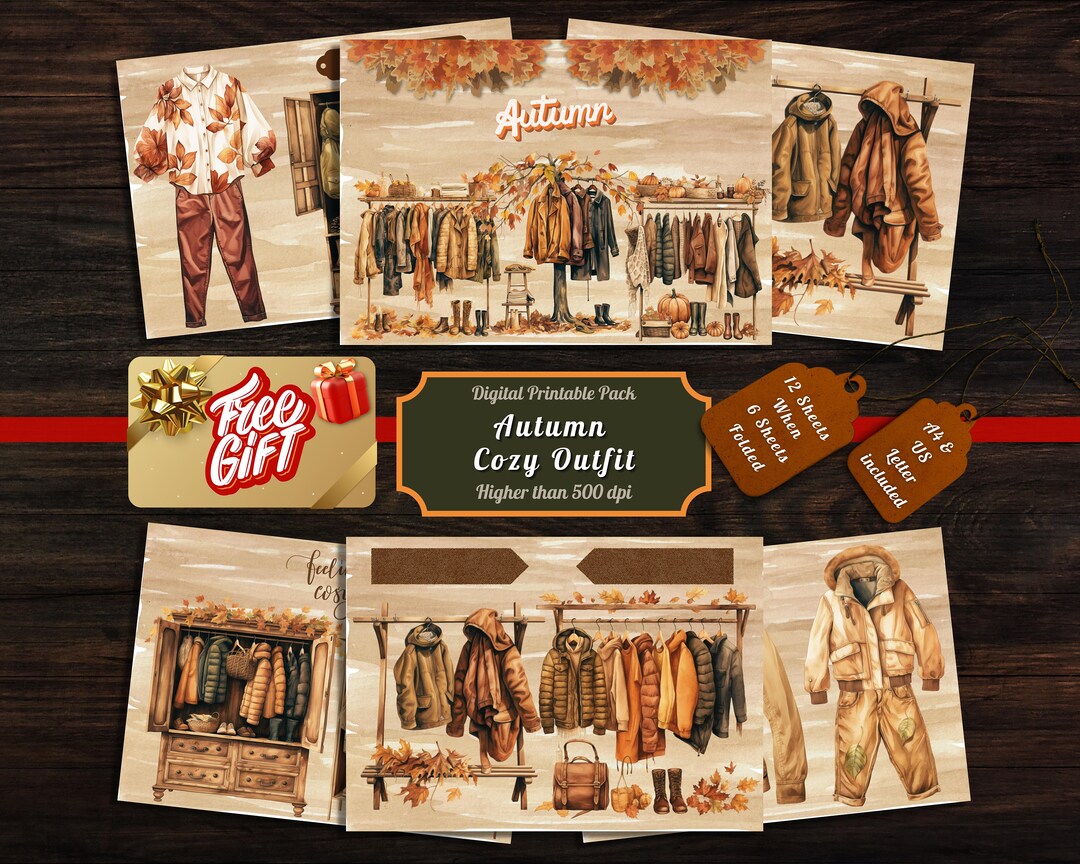 Printable Autumn Cozy Outfit Digital Papers, Fall Fashion Ephemera ...