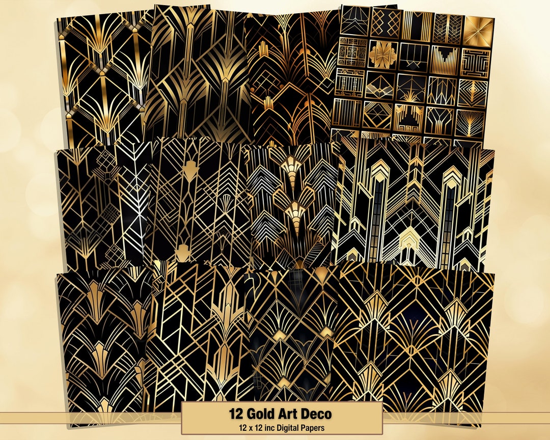 Printable Gold Art Deco Digital Papers, Black and Gold Pages, Retro ...