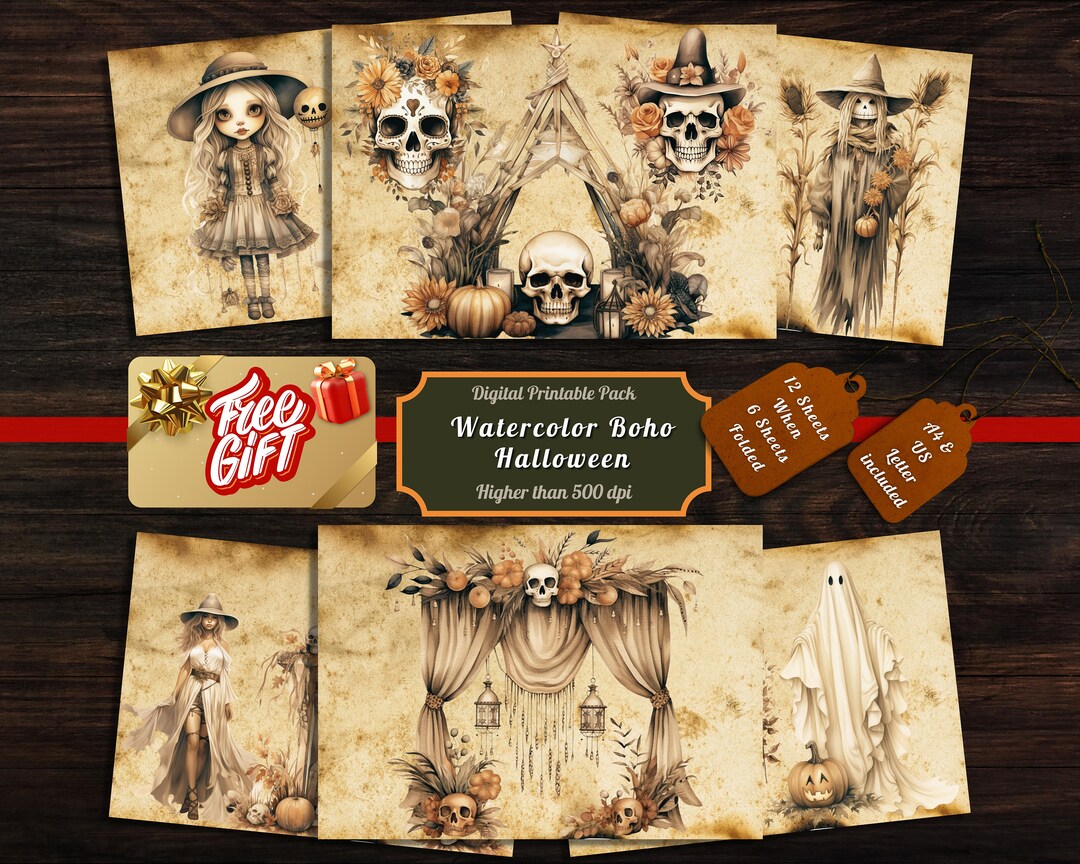 Printable Watercolor Boho Halloween Digital Papers Bohemian - Etsy