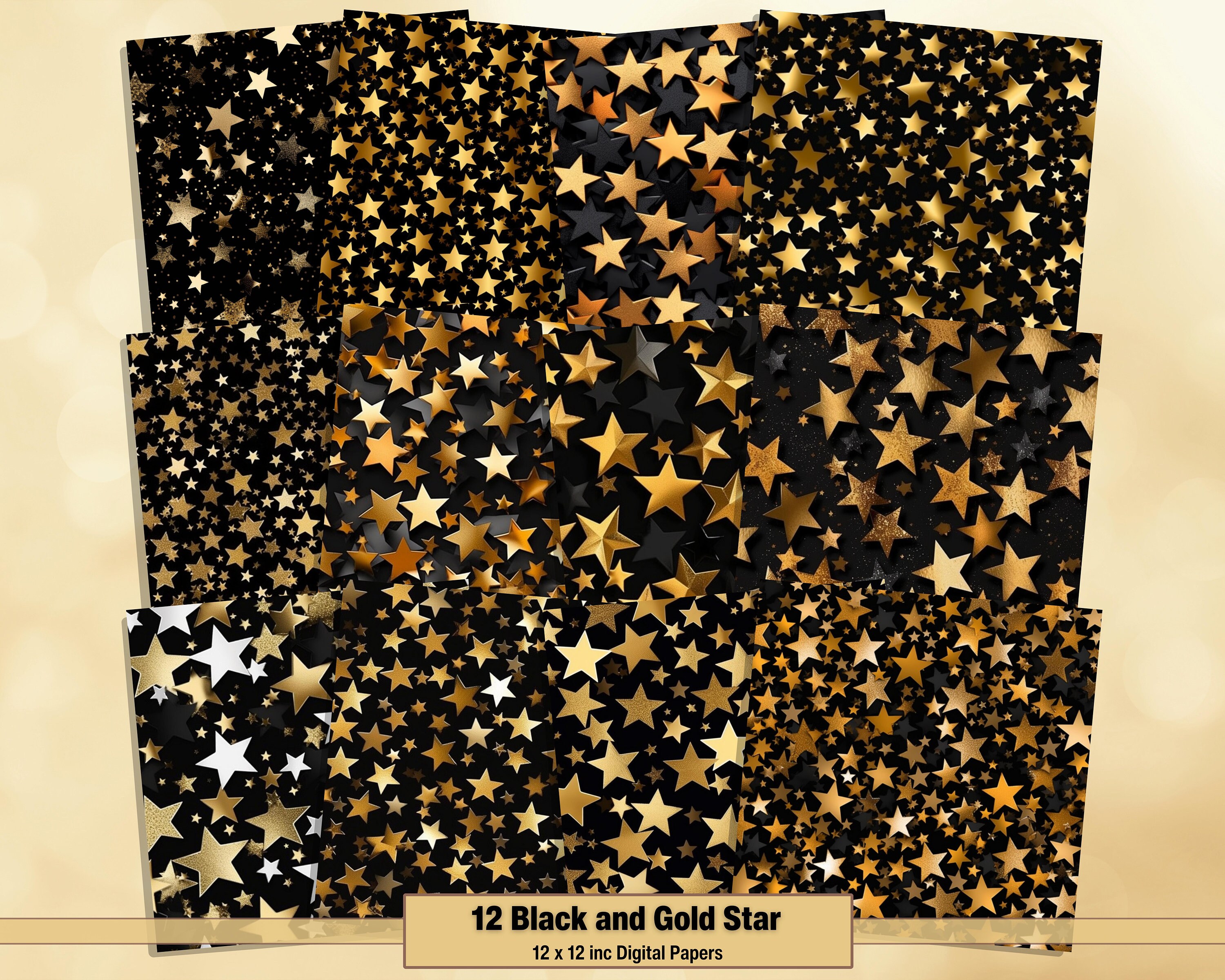 Printable Black and Gold Star Digital Papers Golden Starry - Etsy