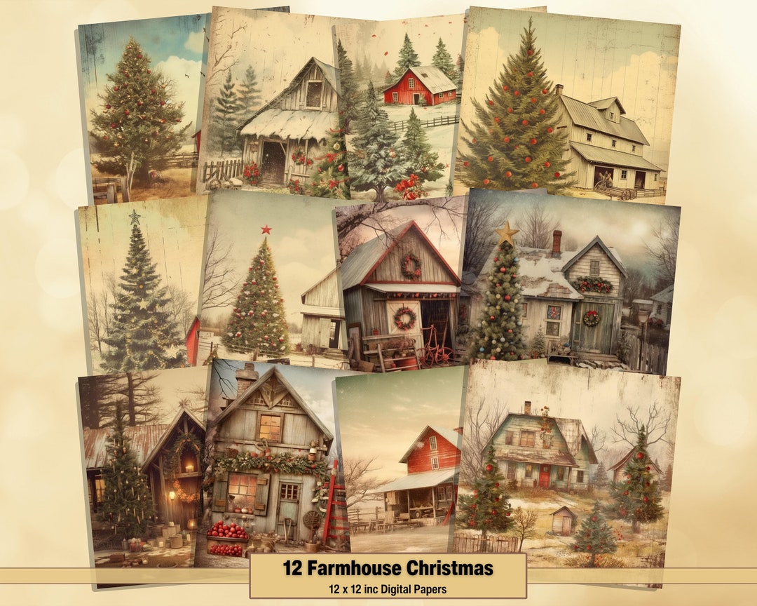 Printable Farmhouse Christmas Digital Papers, Xmas Farm Page, Vintage ...