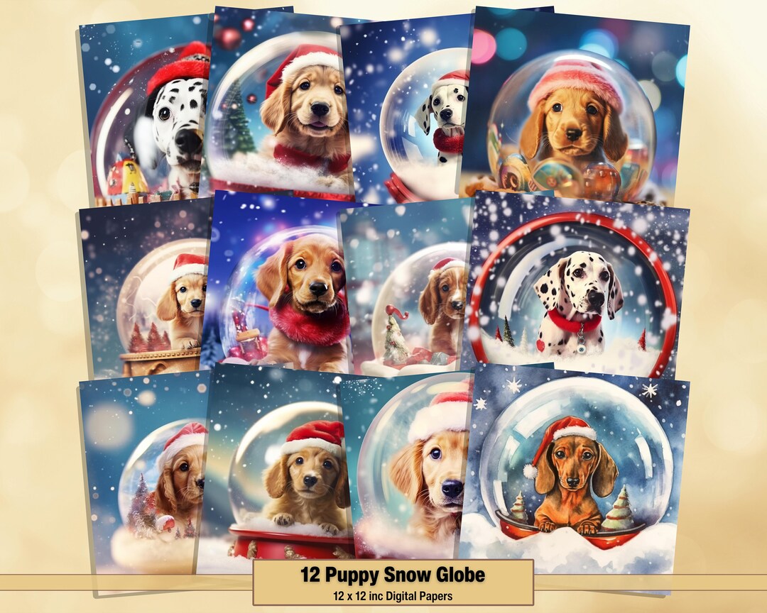 Printable Christmas Puppy Snow Globe Digital Papers, Xmas Dog Pages ...