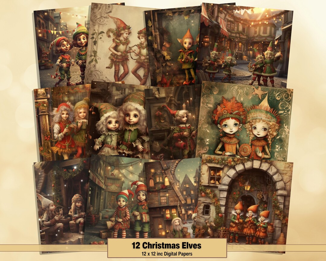 Printable Christmas Elves Digital Papers, Xmas Elf Pages, Background ...